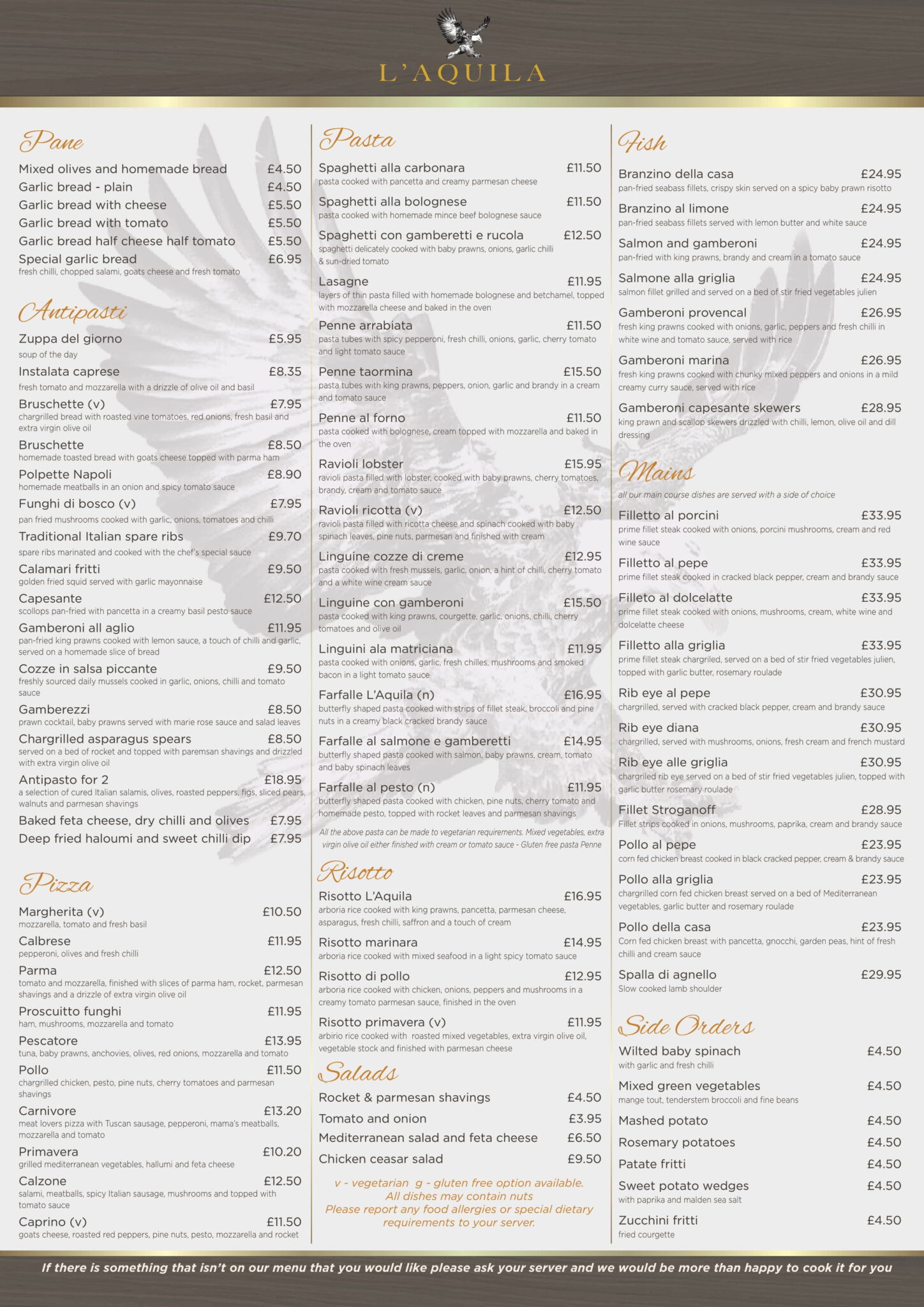 L'Aquila Italian Restaurant - Prestwich | Menu