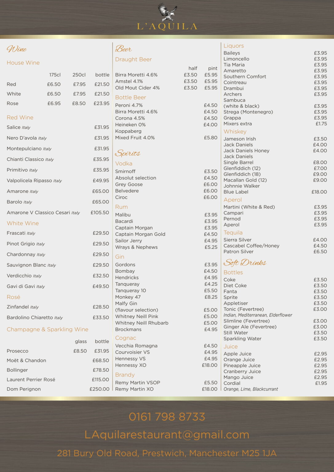 L'Aquila Italian Restaurant - Prestwich | Menu